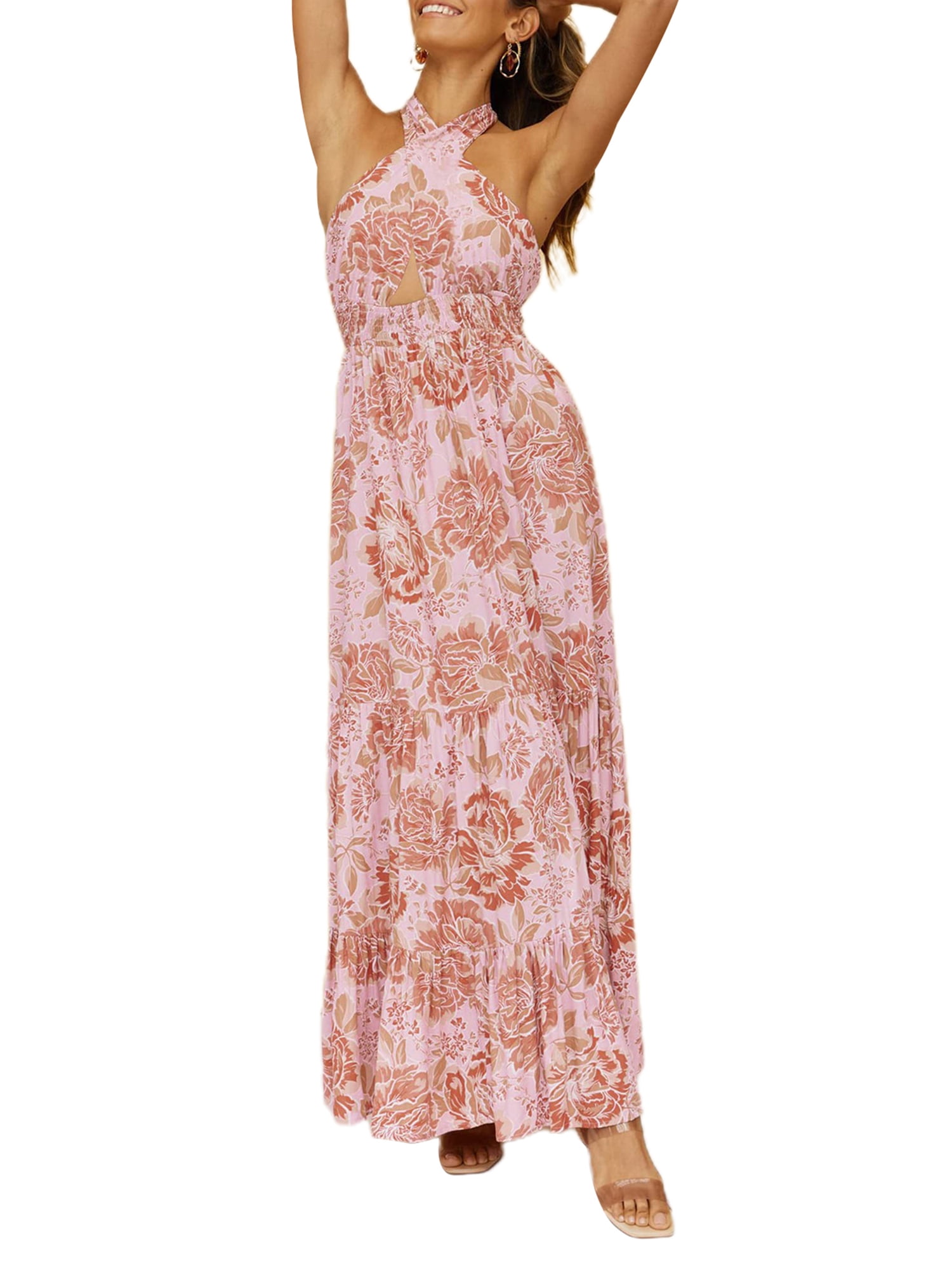 ZIYIXIN Women Summer Boho Floral Print Maxi Dress Crossover Halter Neck ...