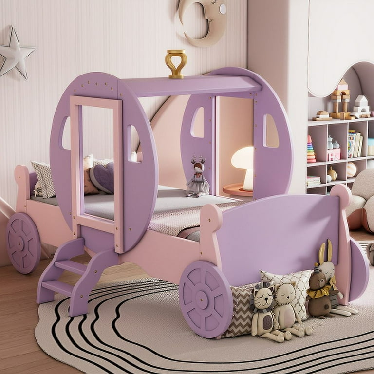 Twin size Princess Carriage Bed with Crown Wood Platform Car Bed with Stair Purple Pink Walmart