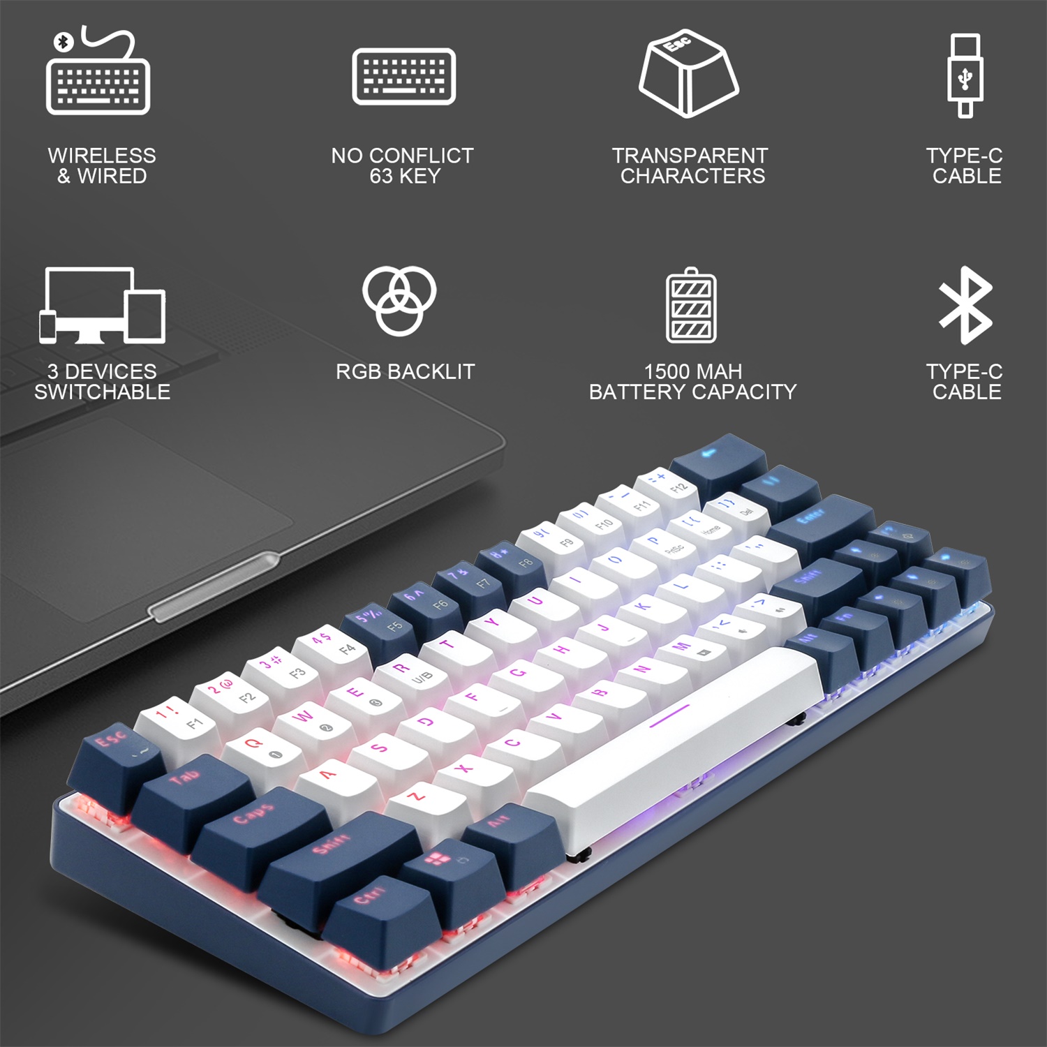 Buy HUO JI CQ63 RGB USB Mechanical Gaming Keyboard Wireless Bluetooth ...