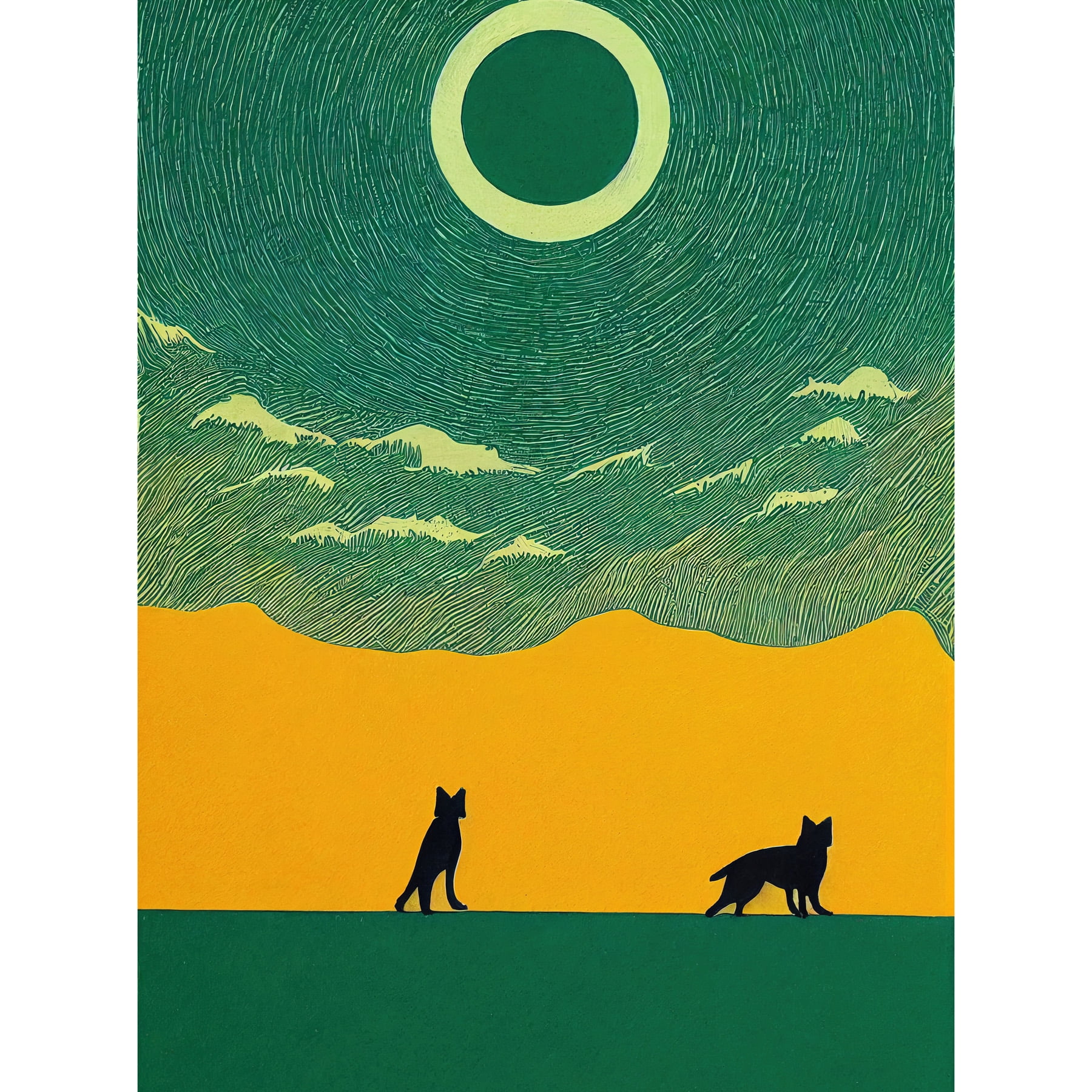 Abstract Wolves Minimalist Surreal Sky Green Yellow Unframed Wall Art ...
