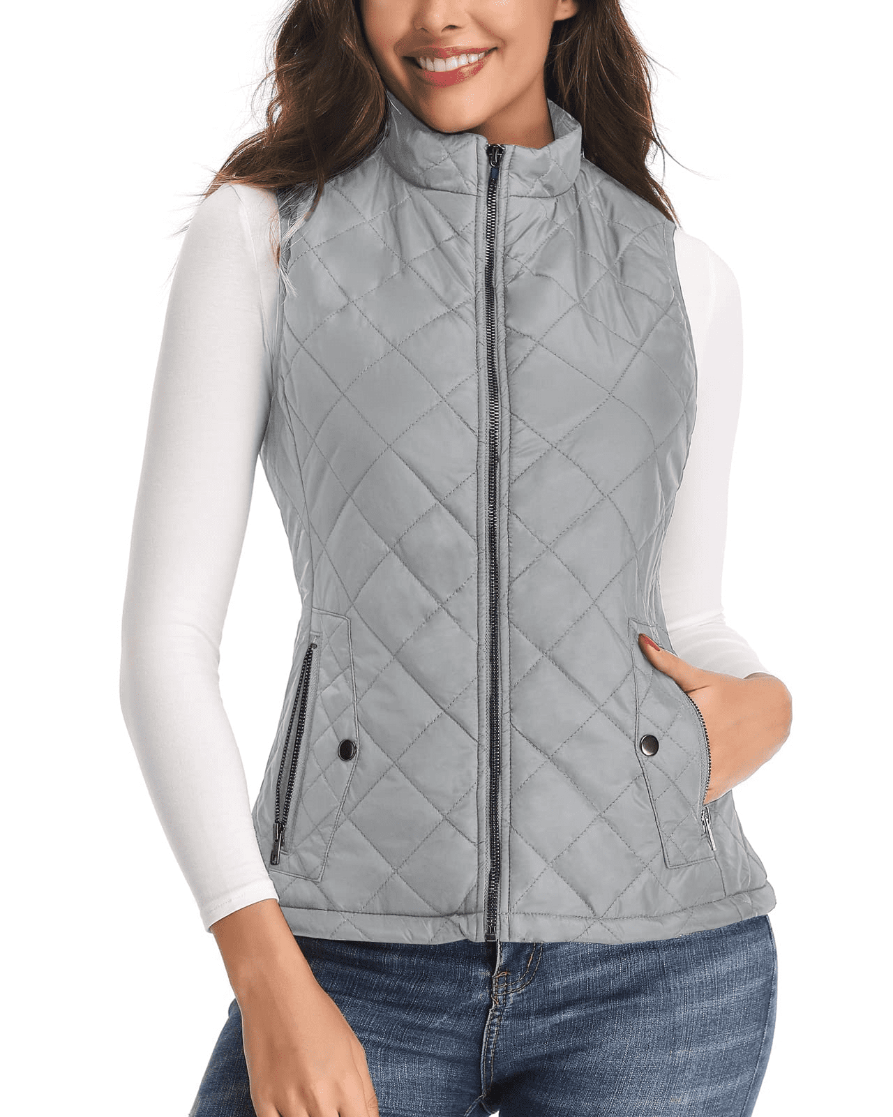 Vest for Women-Stand Collar Lightweight Zip Quilted,Gray Women's Vest ...