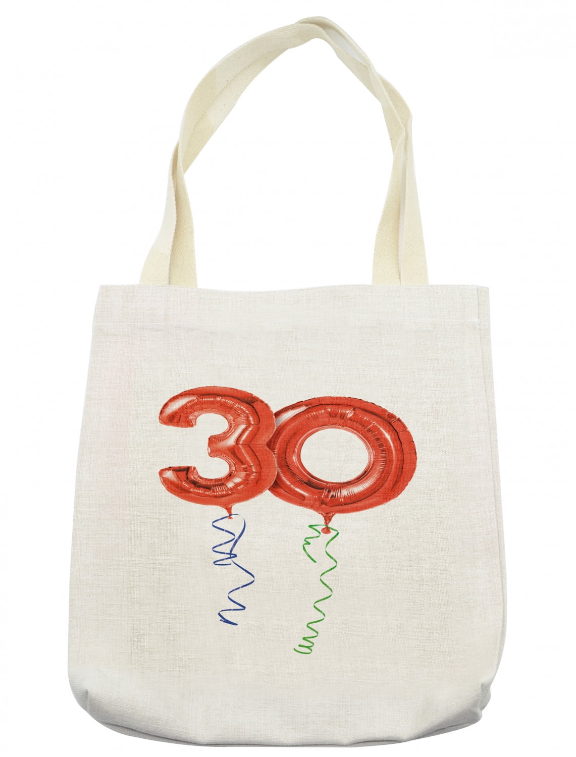 30th Birthday Tote Bag, Red Colored Number Balloons with Swirl Ribbons ...