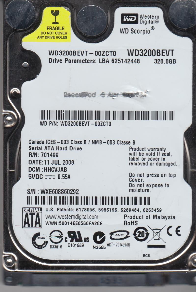 WD3200BEVT-00ZCT0, DCM HHCVJAB, Western Digital 320GB SATA 2.5 Hard ...
