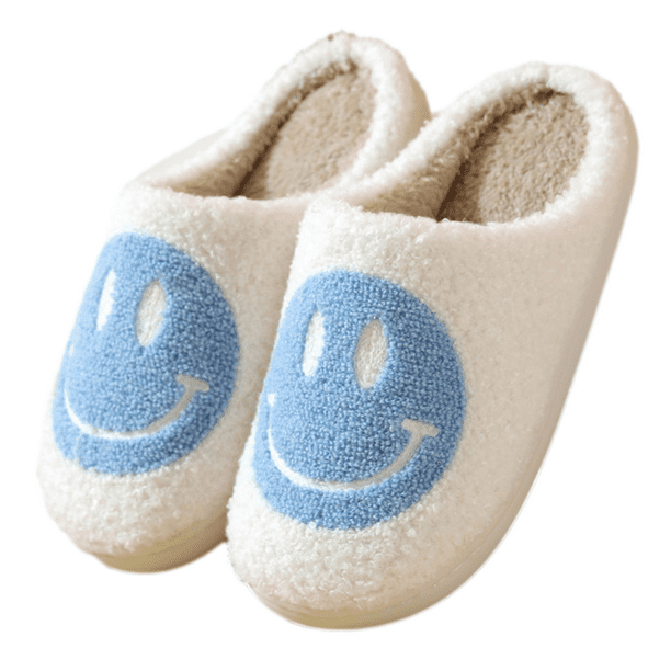 PacificPlex Womens Smiley Smile Slippers Plush Happy Face (5-6, Blue ...