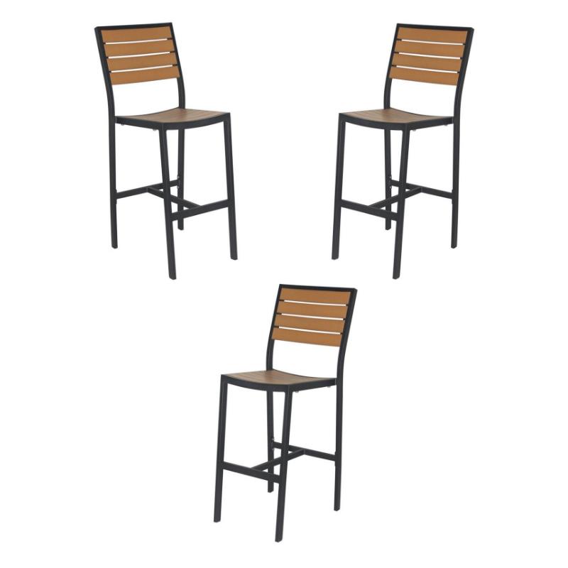 Home Square Aluminum Patio Bar Side Stool in Black Frame & Teak Seat ...