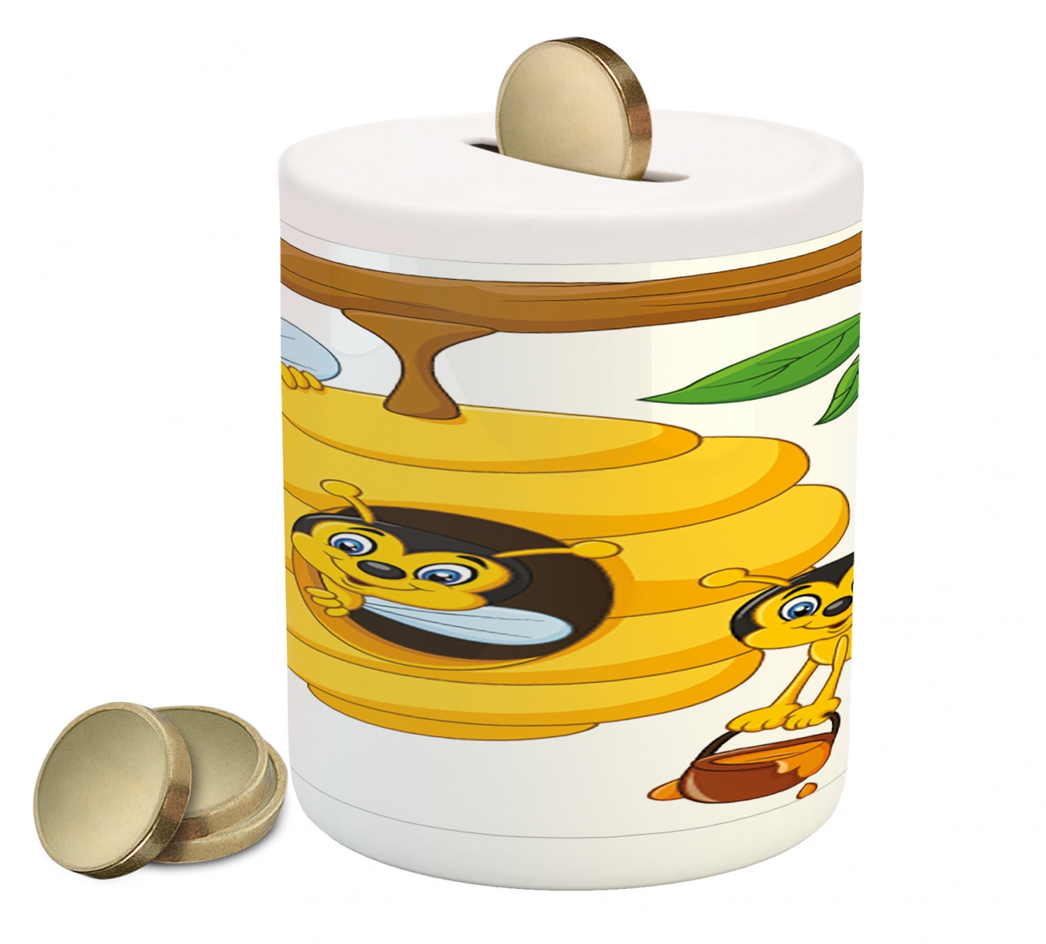 Cartoon Piggy Bank, Branch of Tree with Beehive and Bees Honey Funny ...