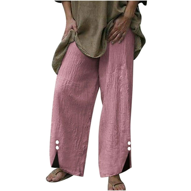 Pejock Womens Wide Leg Pants Solid Cotton Linen Loose Drawstring