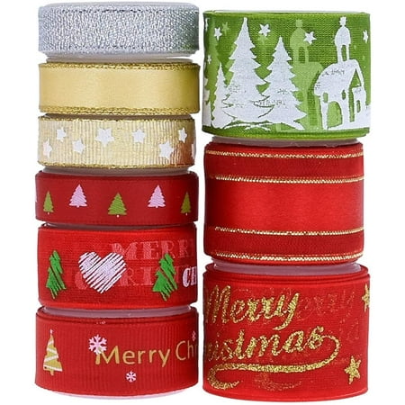9 Rolls Christmas Ribbons Printed Grosgrain Ribbon,Satin Ribbon Xmas ...