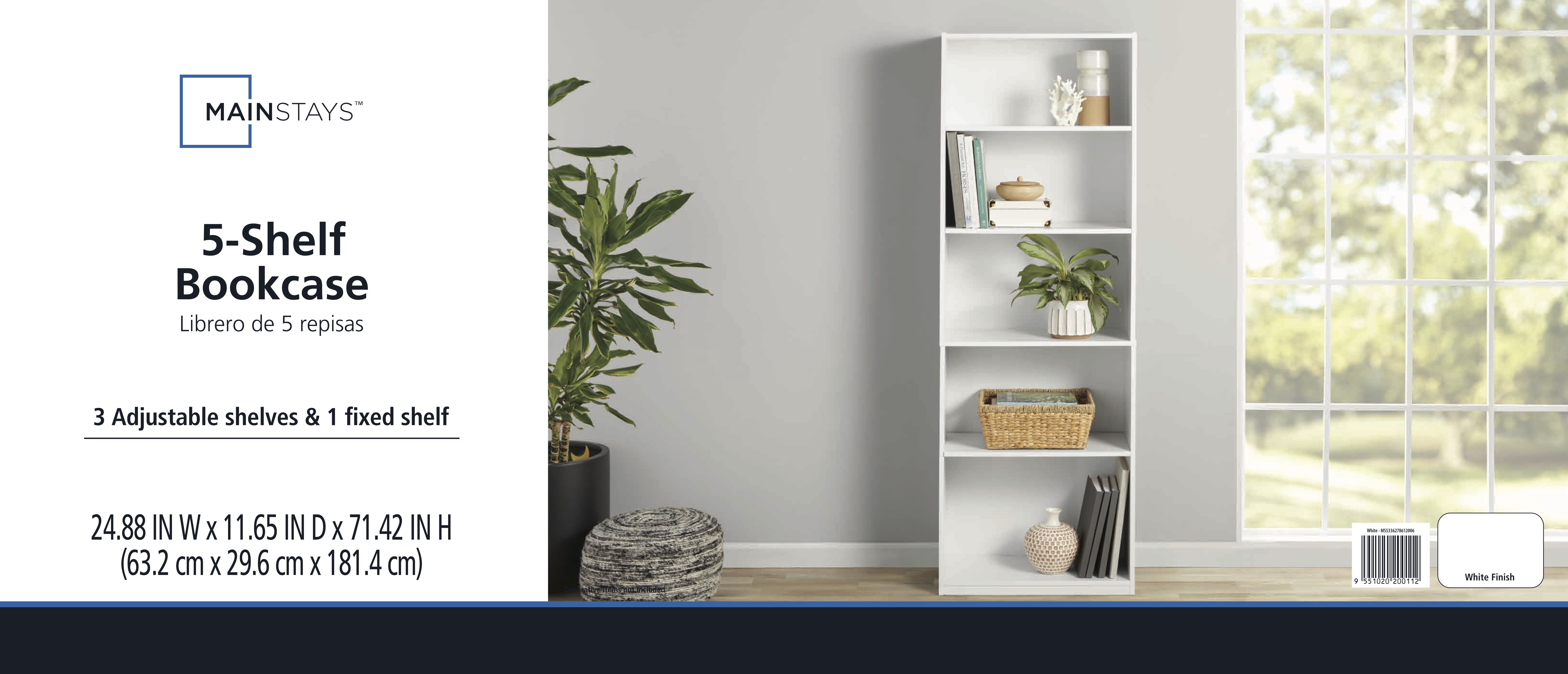 Mainstays 5 Shelf Bookcase with Adjustable Shelves White Walmart