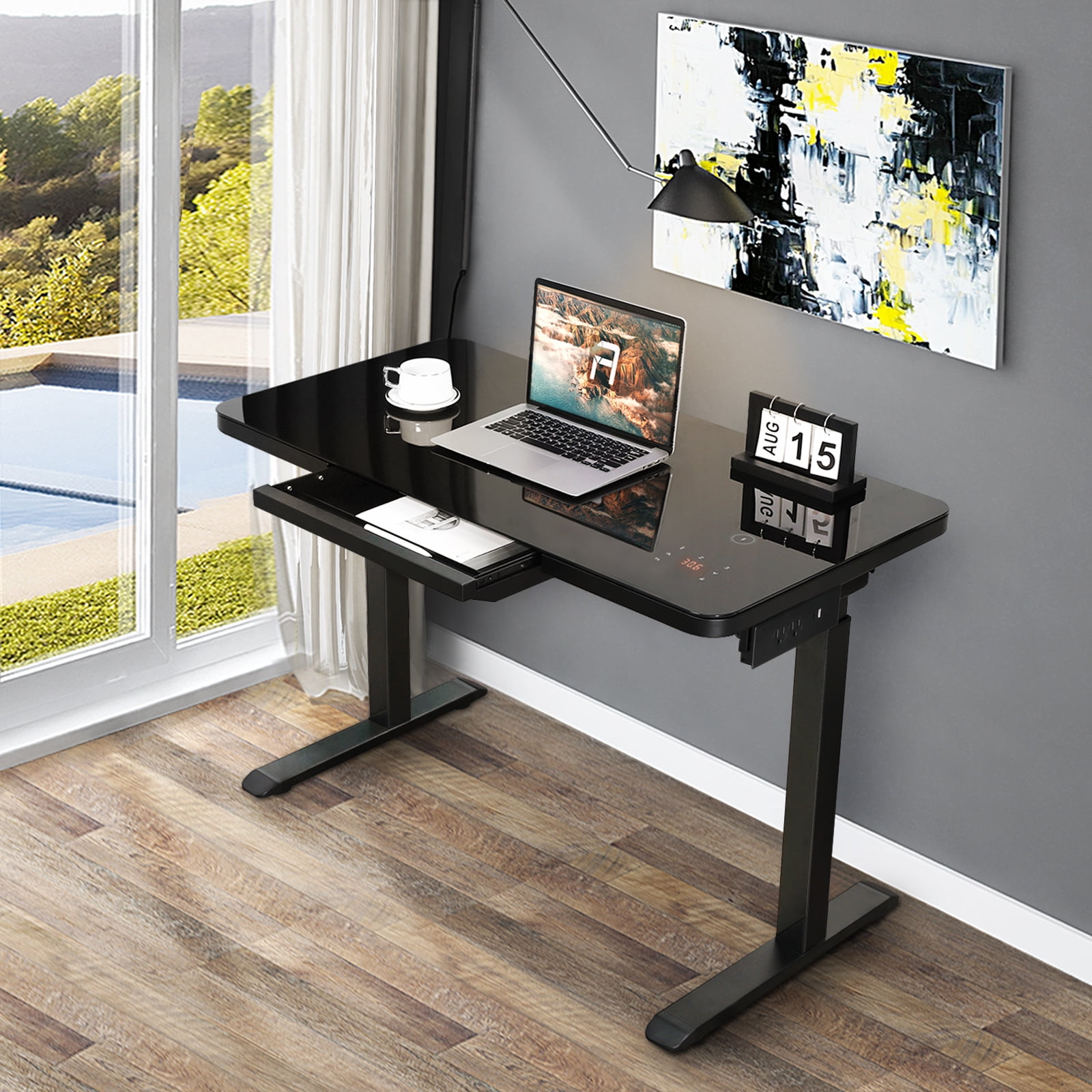 AIMEZO Standing Desk with Drawer, Ergonomic Tempered Glass Electric Sit ...