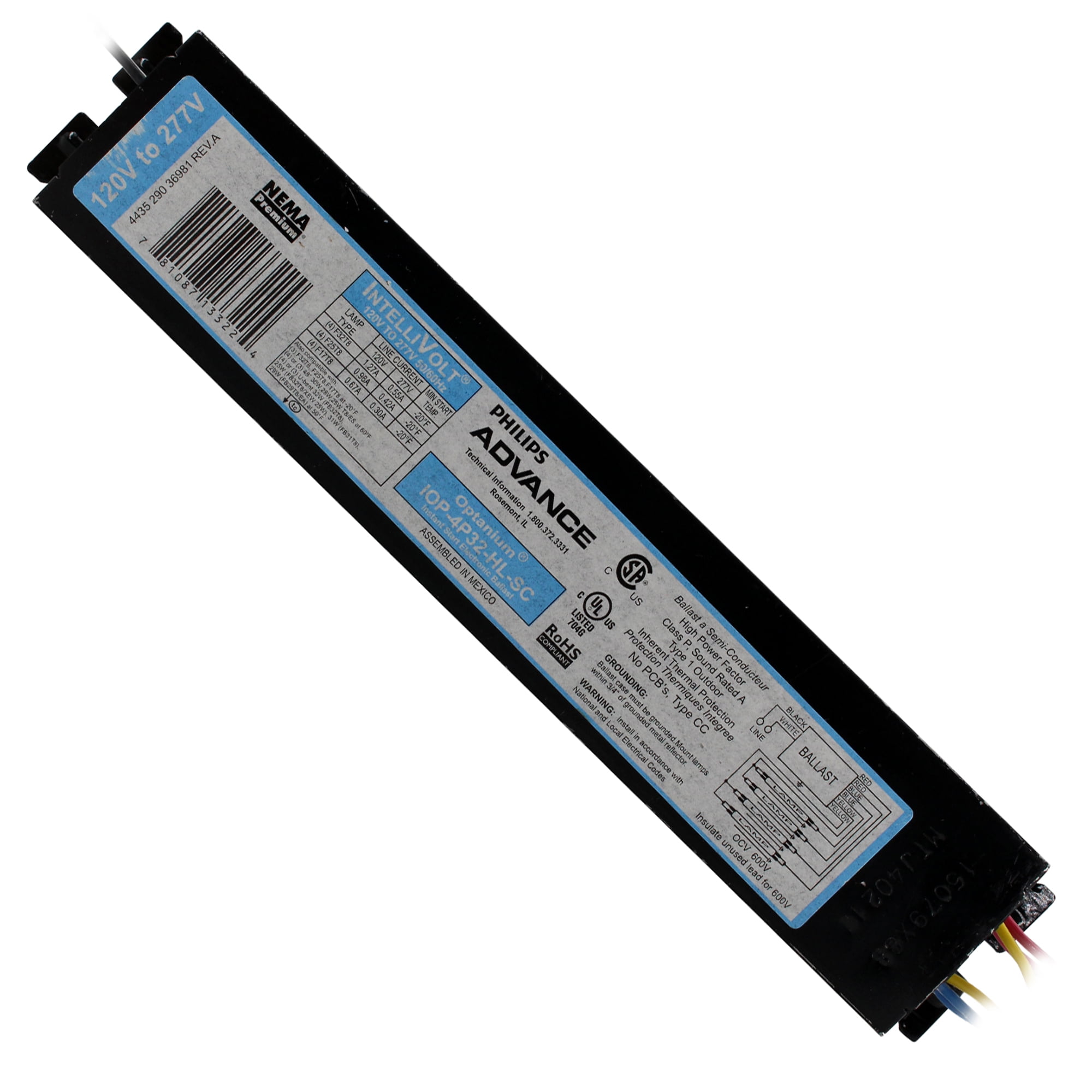 Advance IOP-4P32-HL-SC Fluorescent Ballast, 4-Lamp, 32W, T8 F32T8, 120 ...