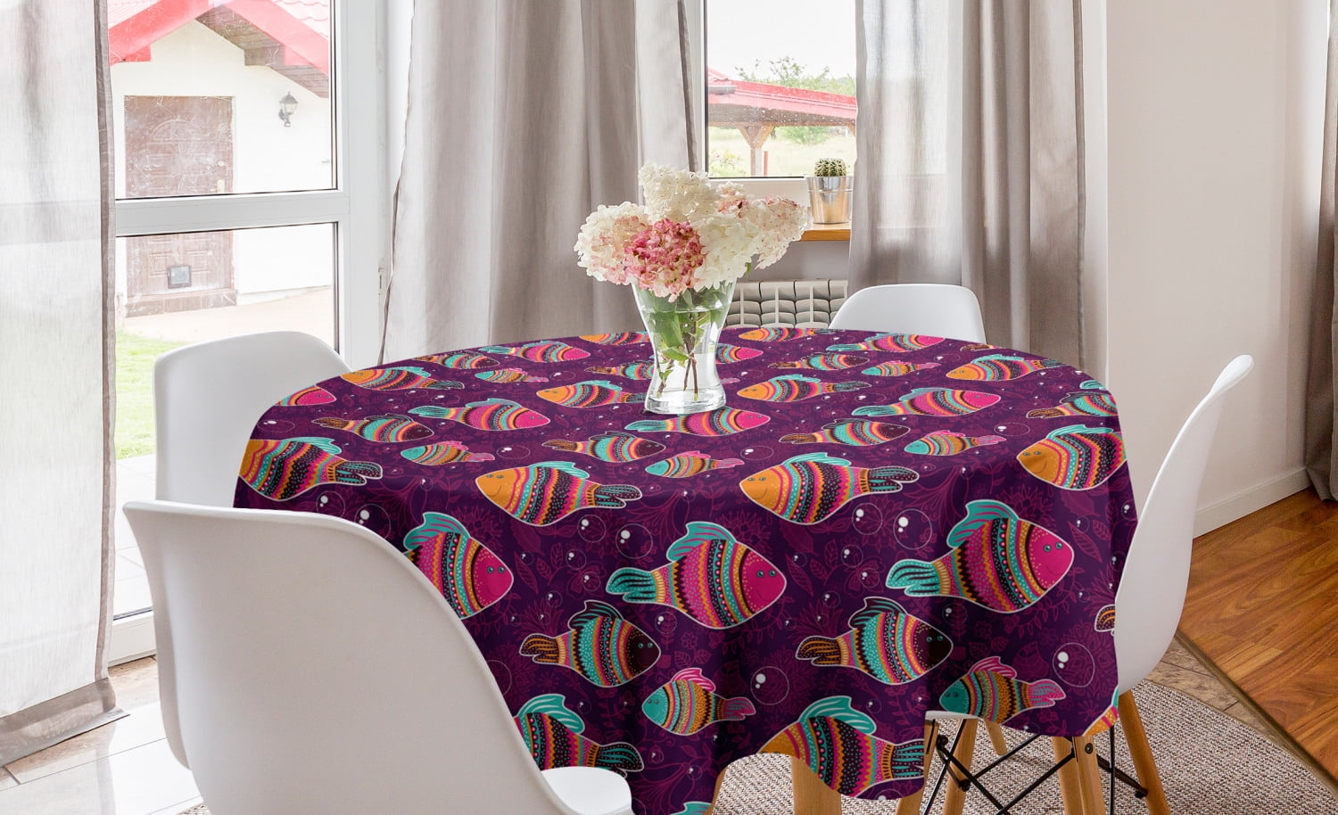 Fish Round Tablecloth, Style Colorful Ornamental with Leaves on the ...