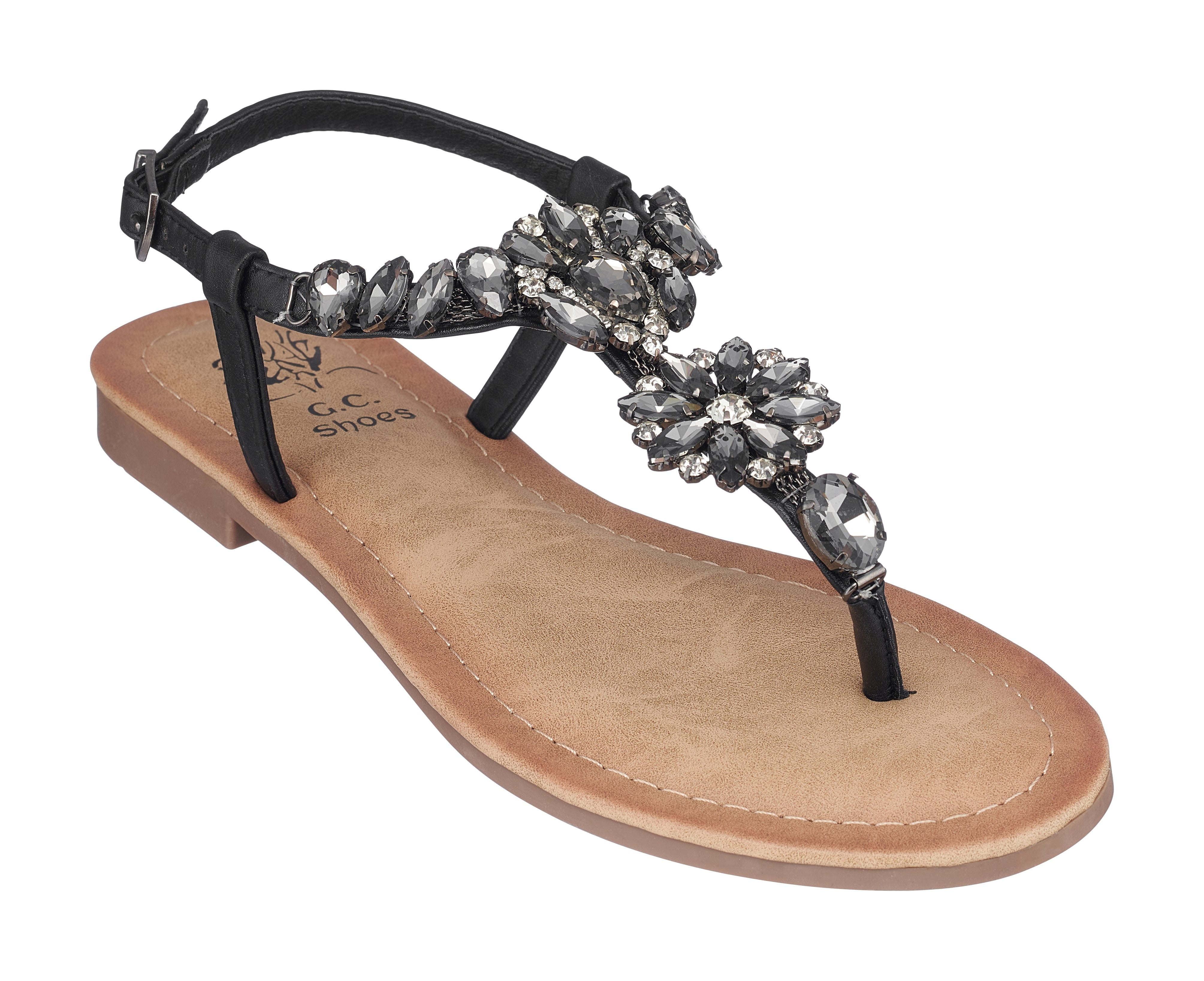 GC Shoes Women's Jeweled T Strap Flat Sandals, Dressy Summer Ankle ...
