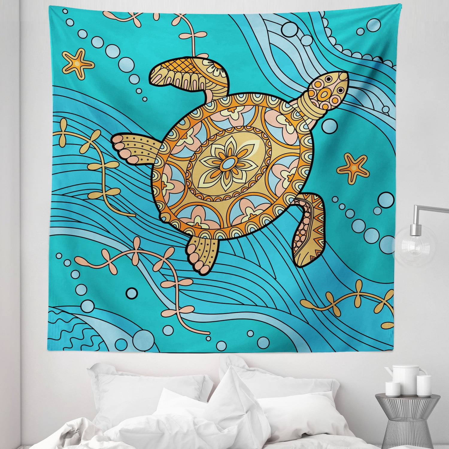 Turtle Tapestry, Doodle of Sea Turtle on Water Surface Maritime ...