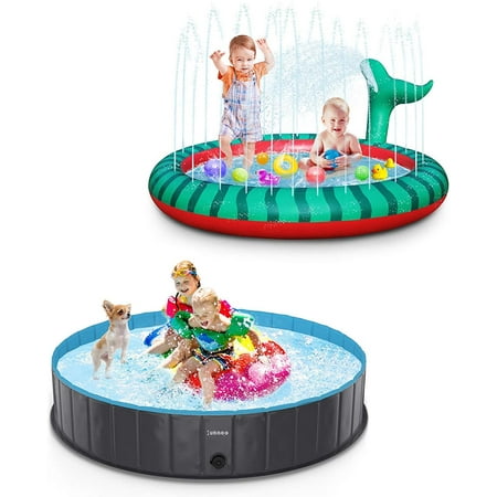 HTCM Foldable Dog Pool - Portable Kiddie Pool and Splash Pad, 65" Spray ...