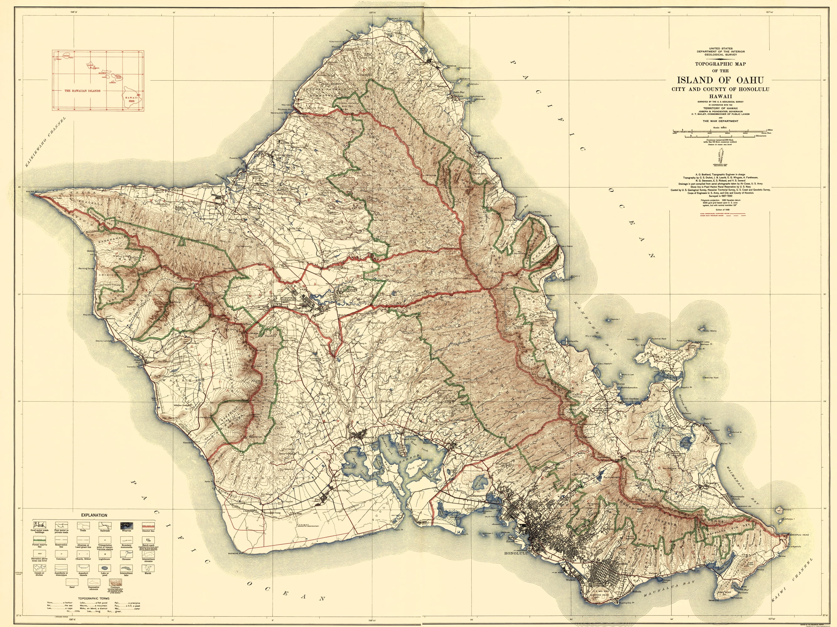 Topo Map - Oahu Island Hawaii - USGS 1938 - 23.00 x 30.71 - Glossy ...