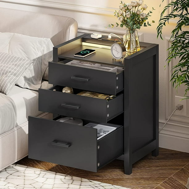 Nightstand with 3 Drawers & LED Lights & Charging Station, Modern Black ...