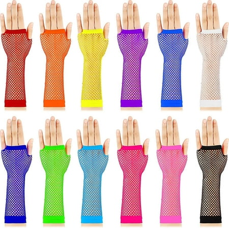 12 Pairs Fingerless Fishnet Neon Gloves, 80s Long Net Mesh Fingerless ...