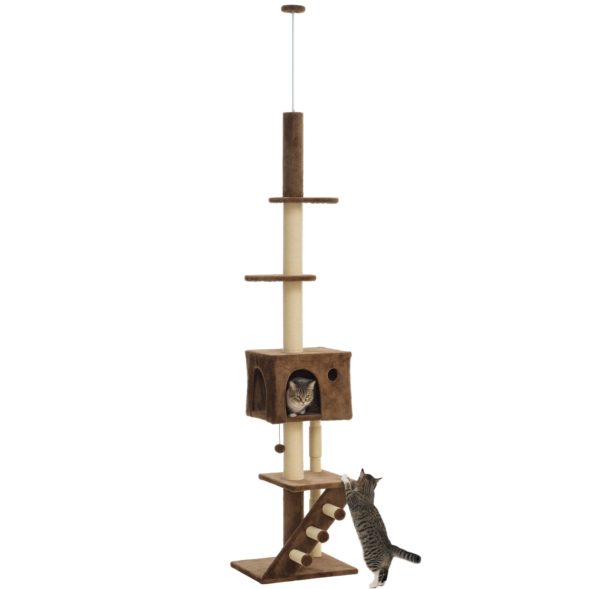 Pawhut Floor To Ceiling Cat Tree 89-104 Adjustable Height  Brown