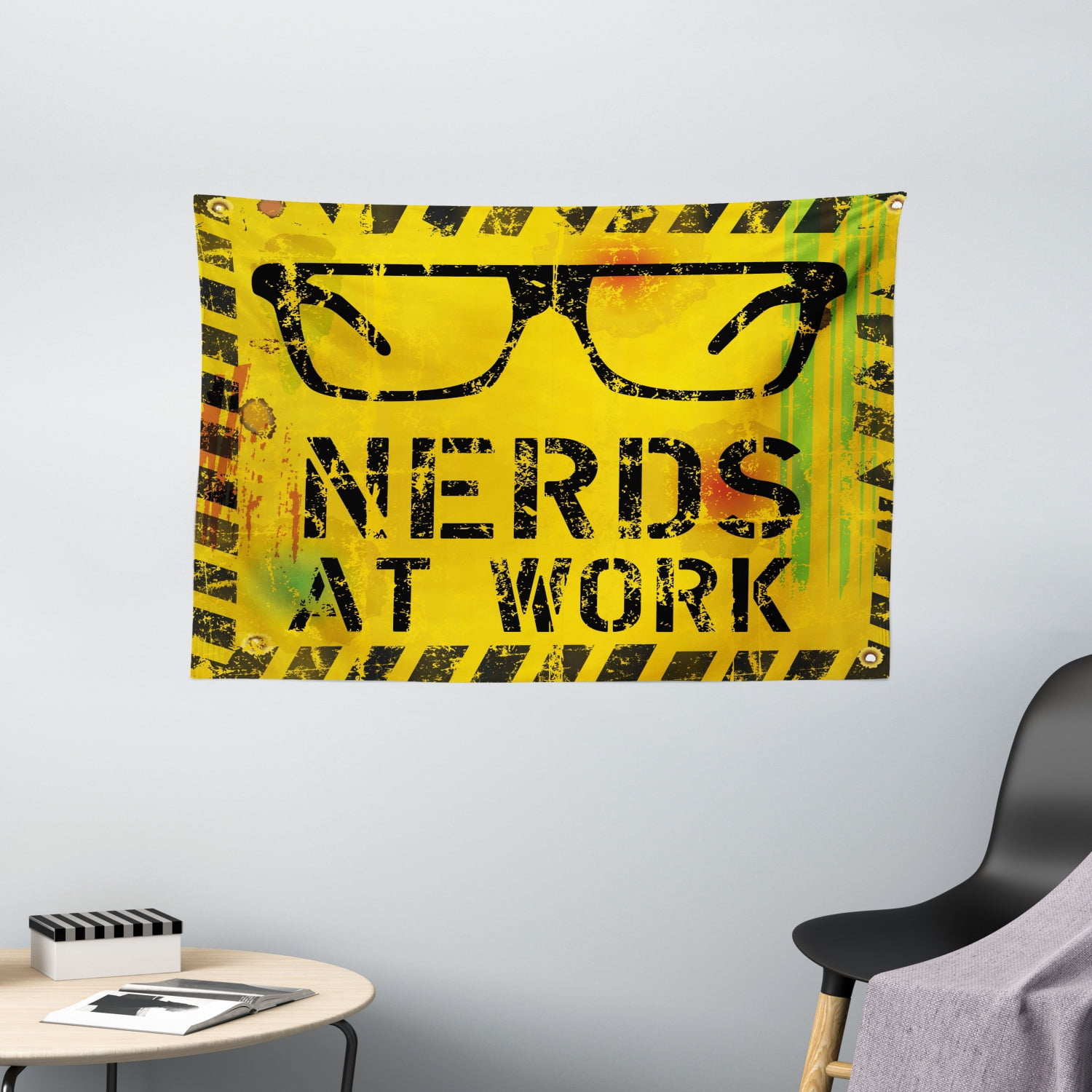 Retro Tapestry, "Nerds at Work" Grunge Fictional Sign Glasses Hazard ...