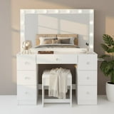 Ember Interiors Ibbie White Makeup Vanity Desk, Stool, Glass Top ...