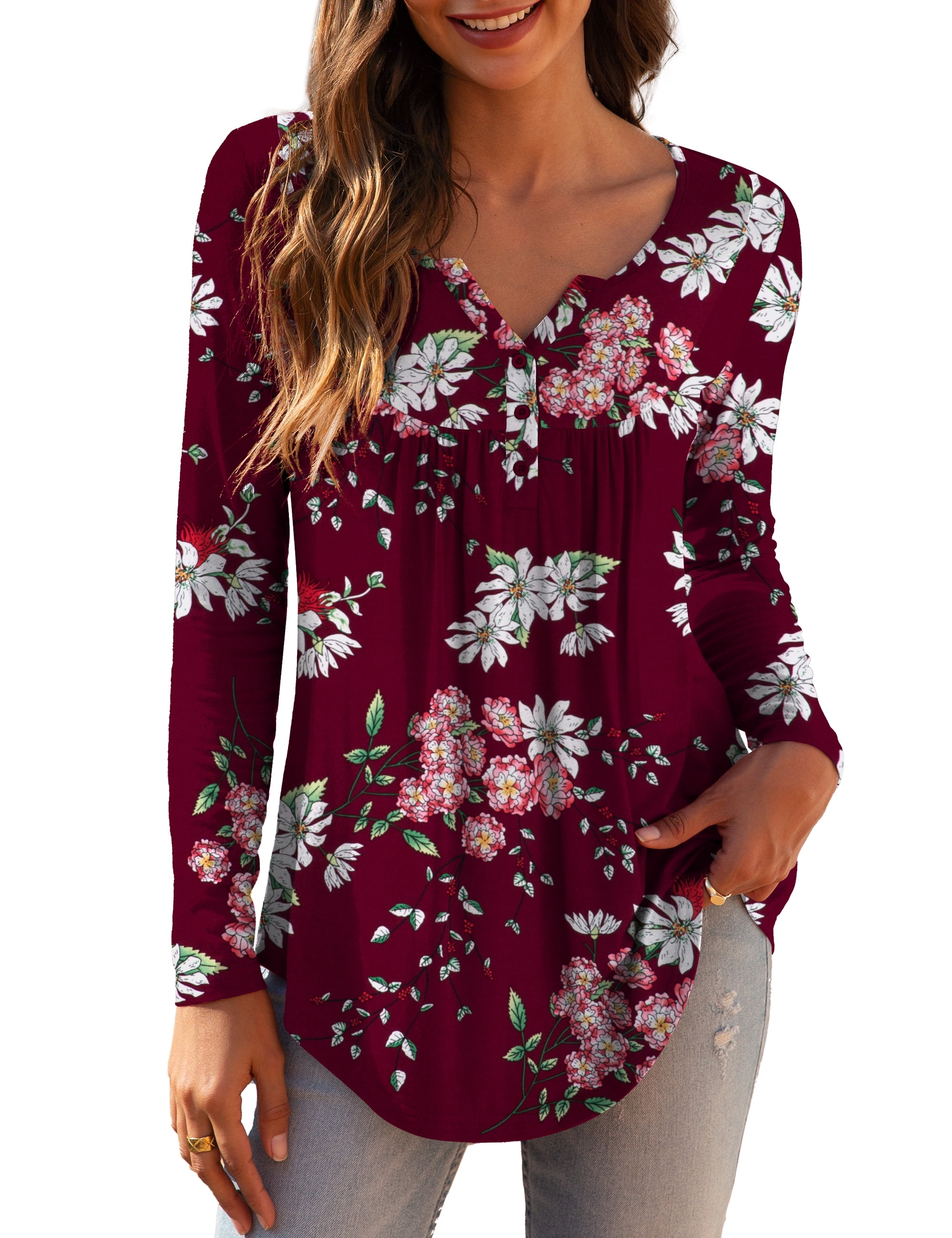 a.Jesdani Womens Plus Size Long Sleeve Tops Tunic Tops Casual Floral ...