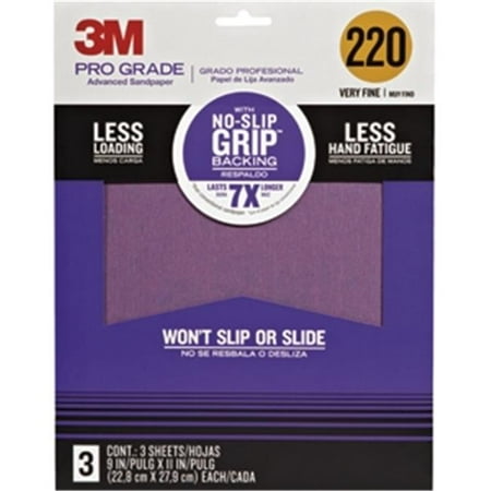 3M 25220P-G 9 x 11 in. 220 Grit Pro Grade No Slip Grip Sandpaper, 3 ...