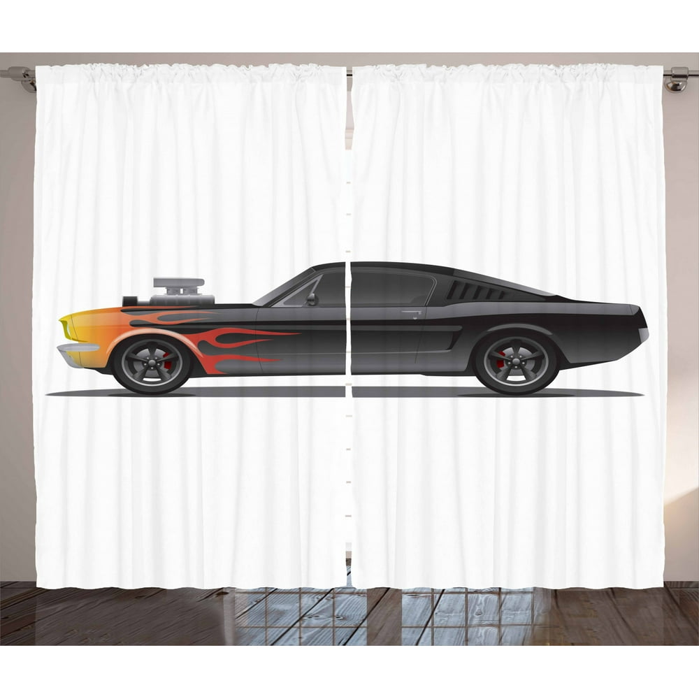 Cars Curtains 2 Panels Set, Custom Design Muscle Car with Supercharger ...