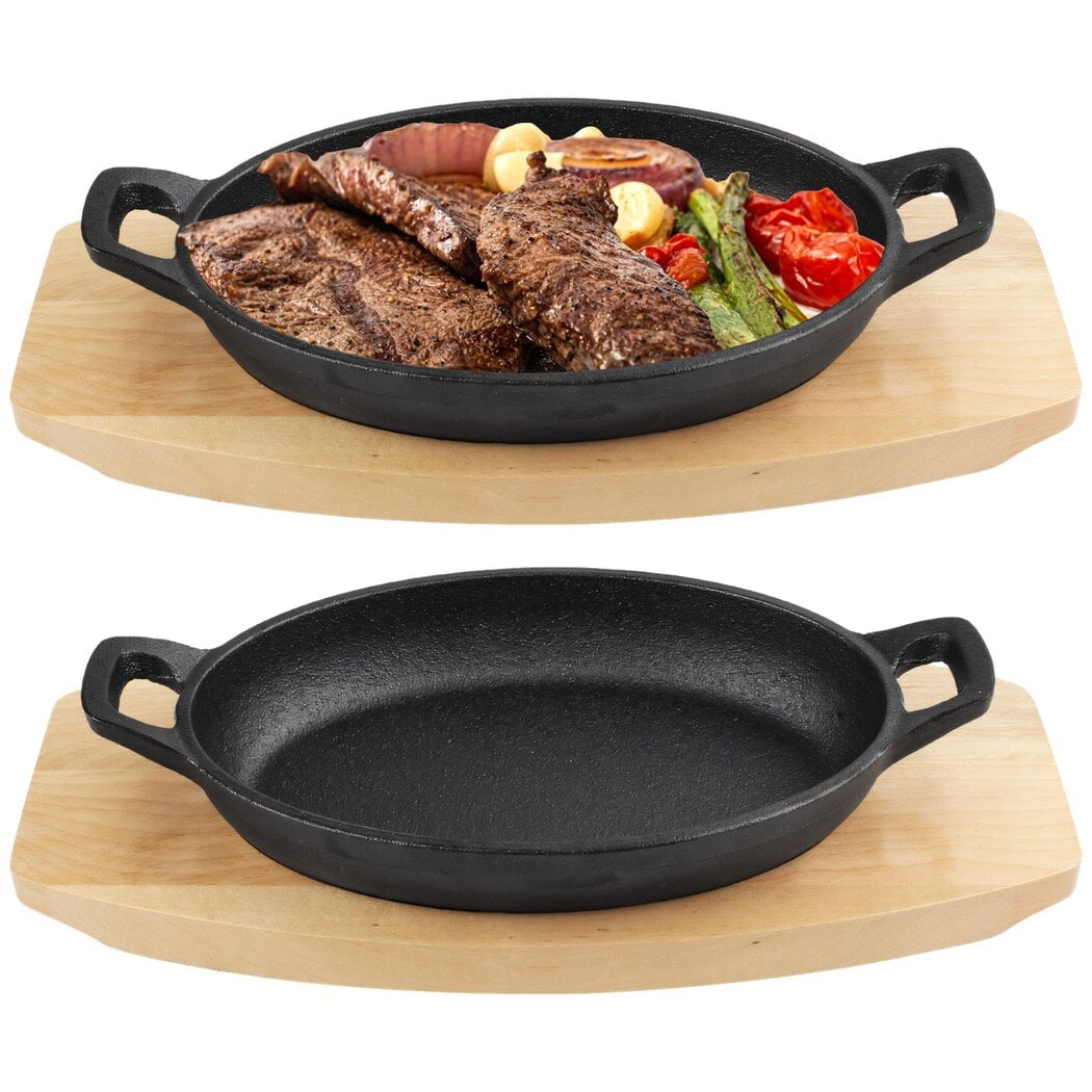 Cast Iron Skillet with Wooden Base, 2 Sets Mini Cast Iron Fajita Plate ...