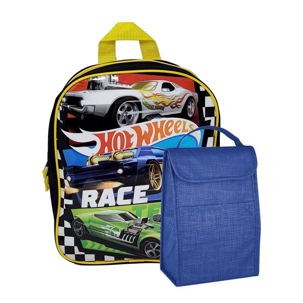 Hot Wheels Backpack 11" Mini Race Cars w/ Insulated Lunch Bag Non-Woven ...