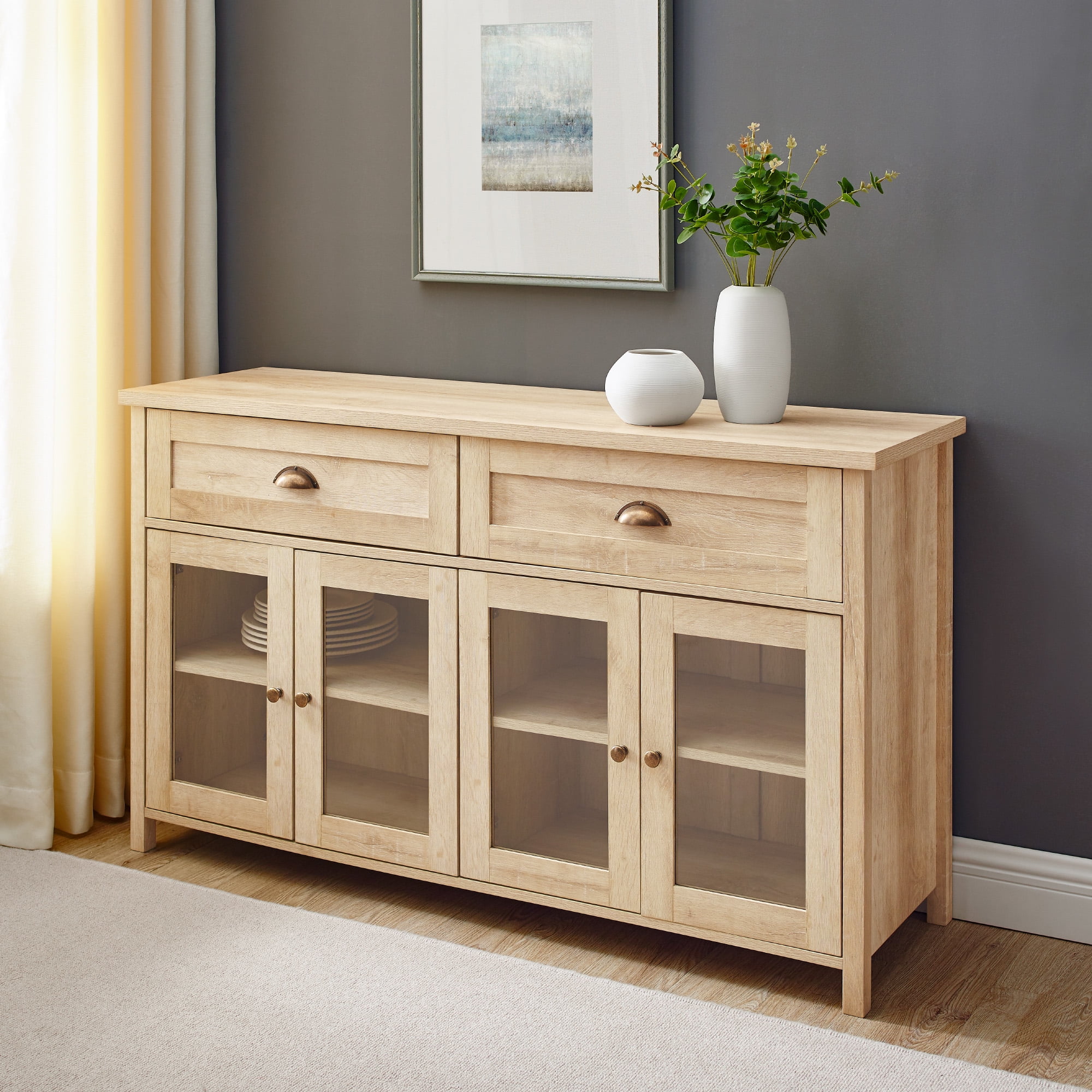 Manor Park Farmhouse Glass and Wood 4 Door Console Table, White Oak ...