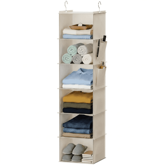 6-Shelf Hanging Closet Organizer in Beige — Fabric Storage with Bamboo ...