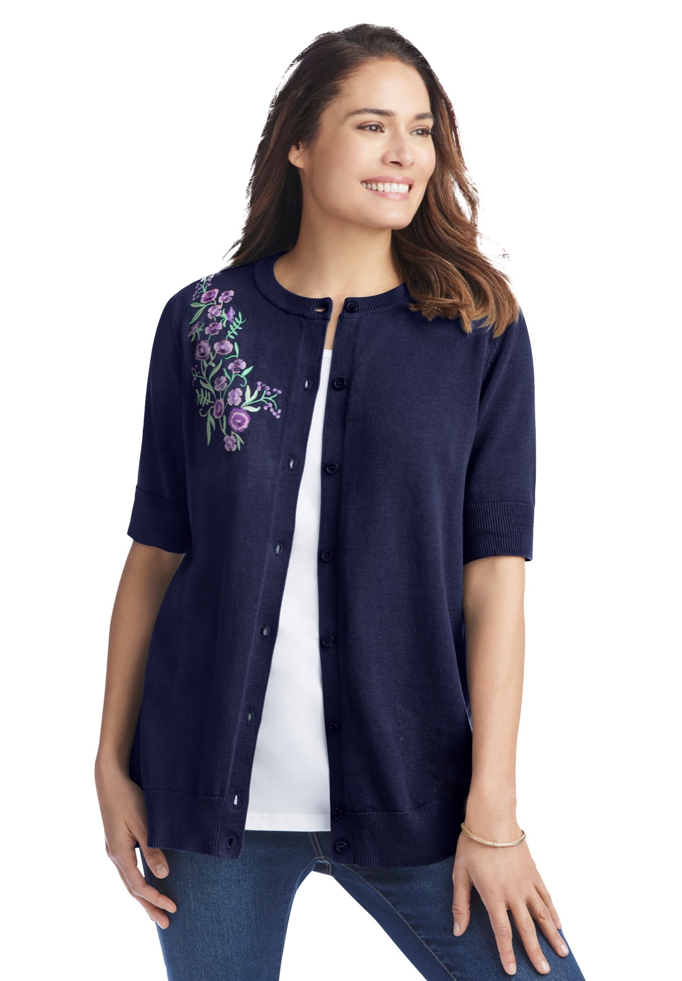 Woman Within Women's Plus Size Perfect Elbow-Length Sleeve Cardigan ...