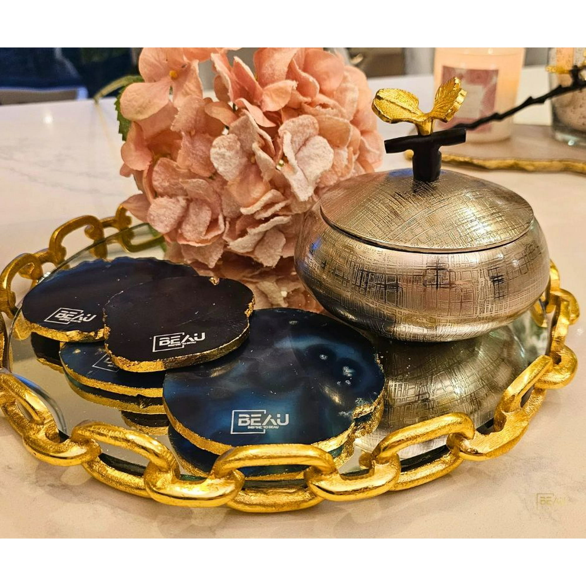 Click here for Inspire To Beau Golden Chain Linked Mirror Tray 14 prices