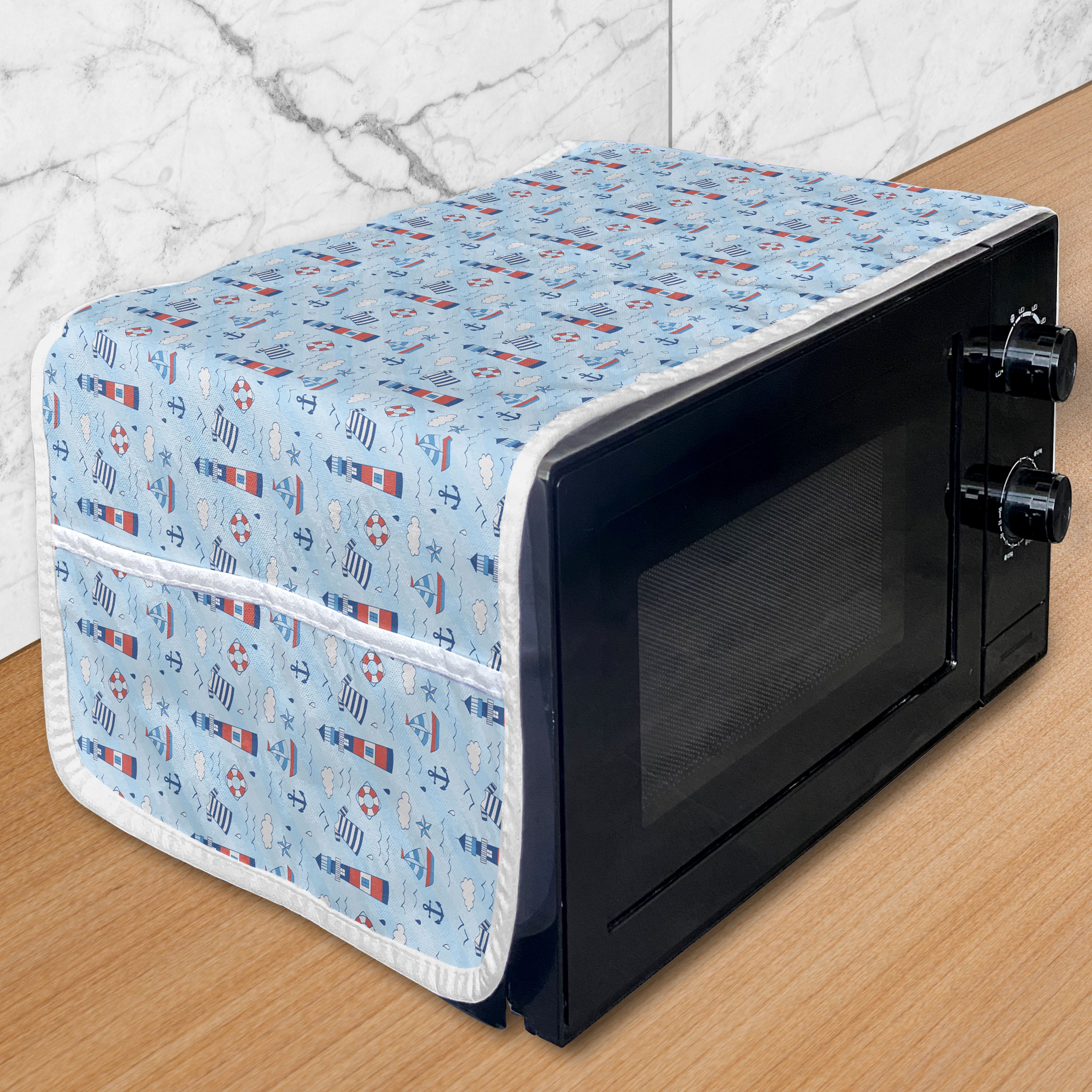 Nautical Microwave Oven Cover, Minimal Marine Theme with Lighthouse ...