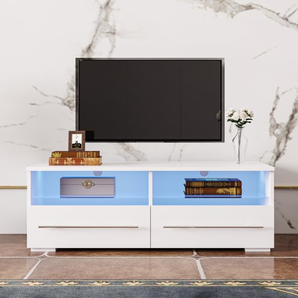 paproos TV Stand for 43 Inch TV, White TV Cabinet with 16 Colors LED ...