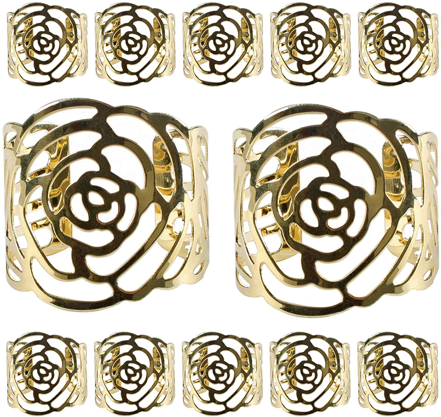 AirSMall 12 pcs Hollow Out Rose Shape Napkin Rings Gold Metal Napkin ...