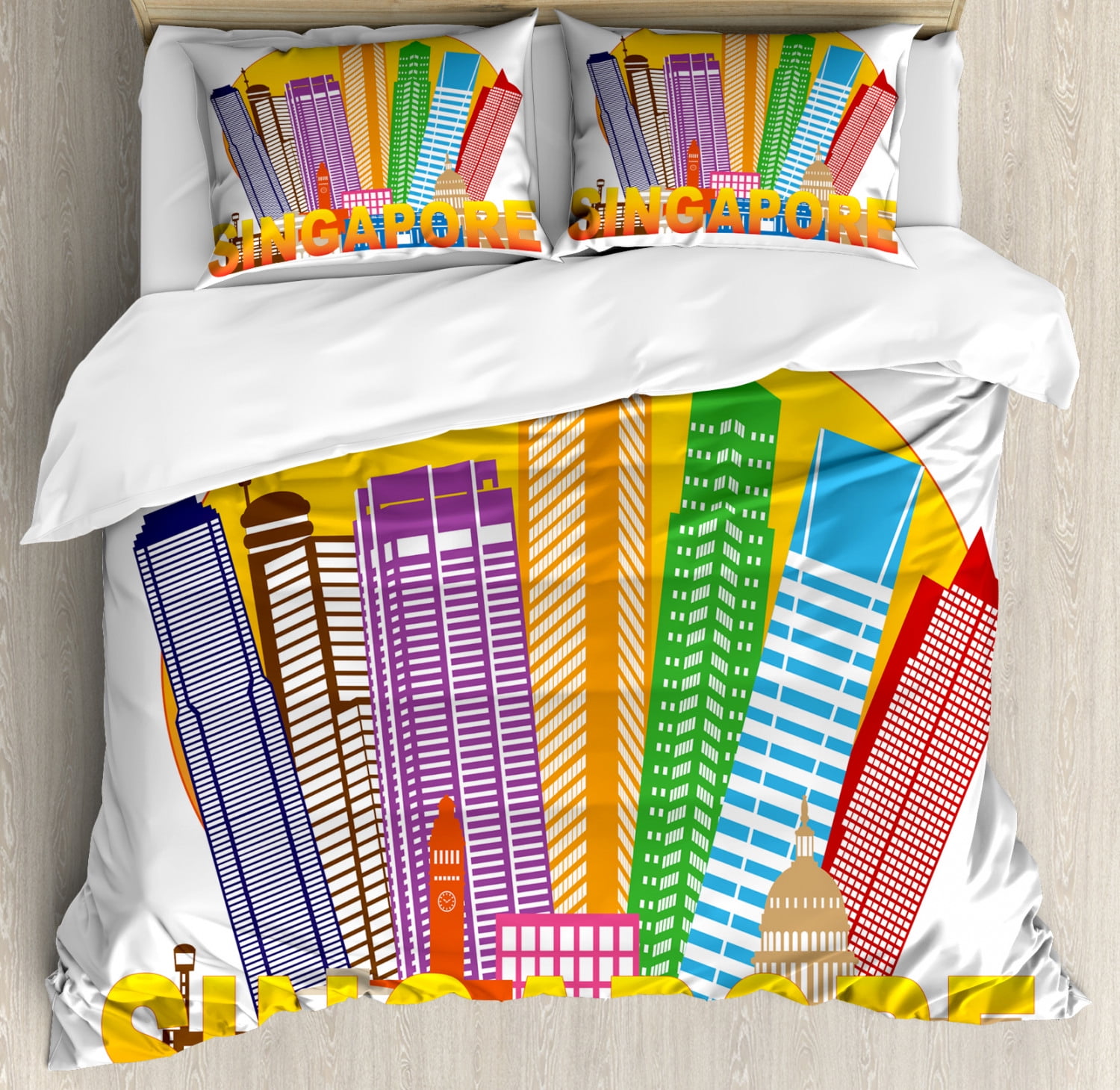Singapore Duvet Cover Set King Size, Colorful Skyline Design with Big ...