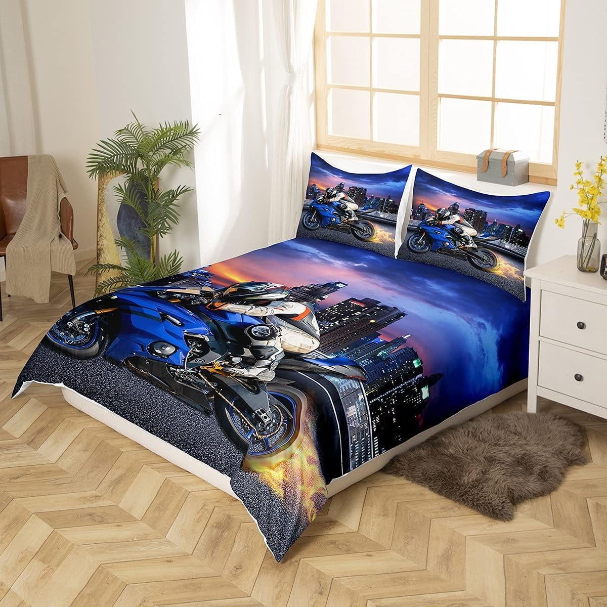 Tbrand Motorcycle Pattern Bed Linen Set 135 x 200 cm Teens Cool ...