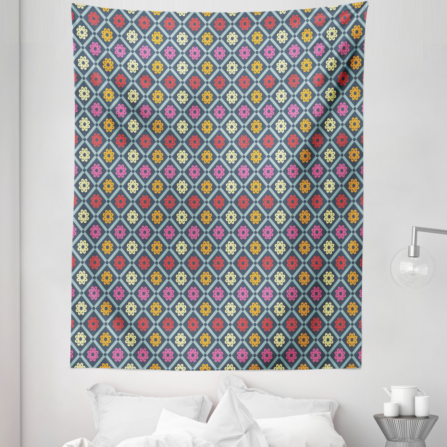 Colorful Tapestry, Diagonal Checkered Pattern with Daisy Blossoms ...