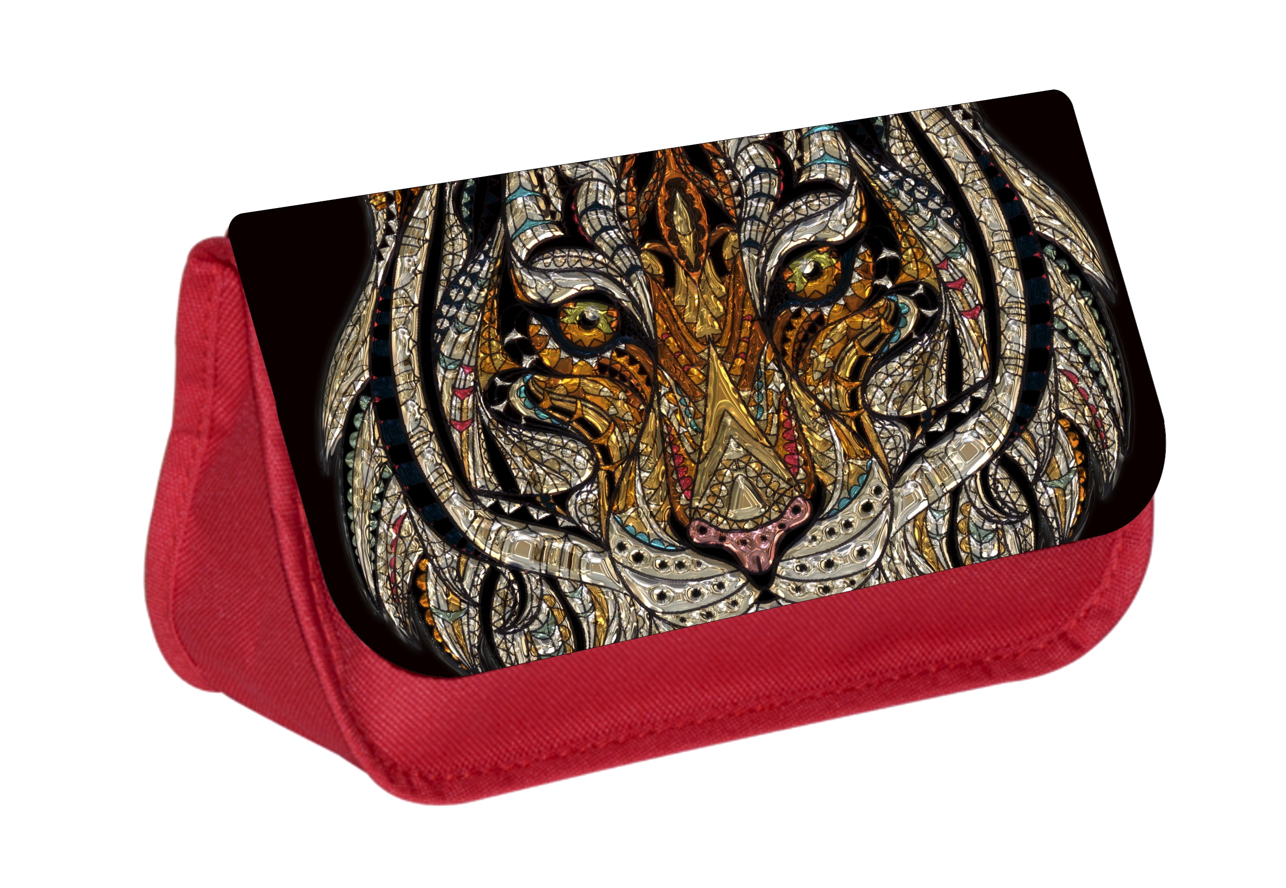 Patterned Tiger Face Up-Close - Red Cosmetic Case - Makeup Bag - with 2 ...