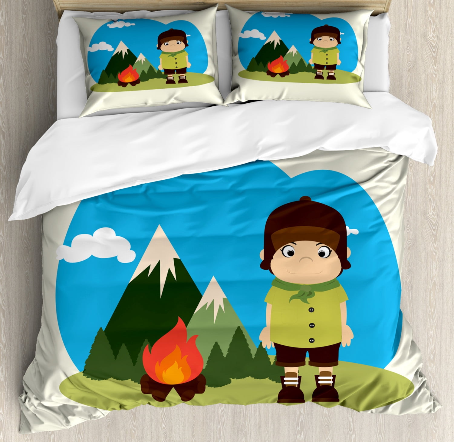 Boy Scout Duvet Cover Set Queen Size, Kid with Campfire on Mountains ...