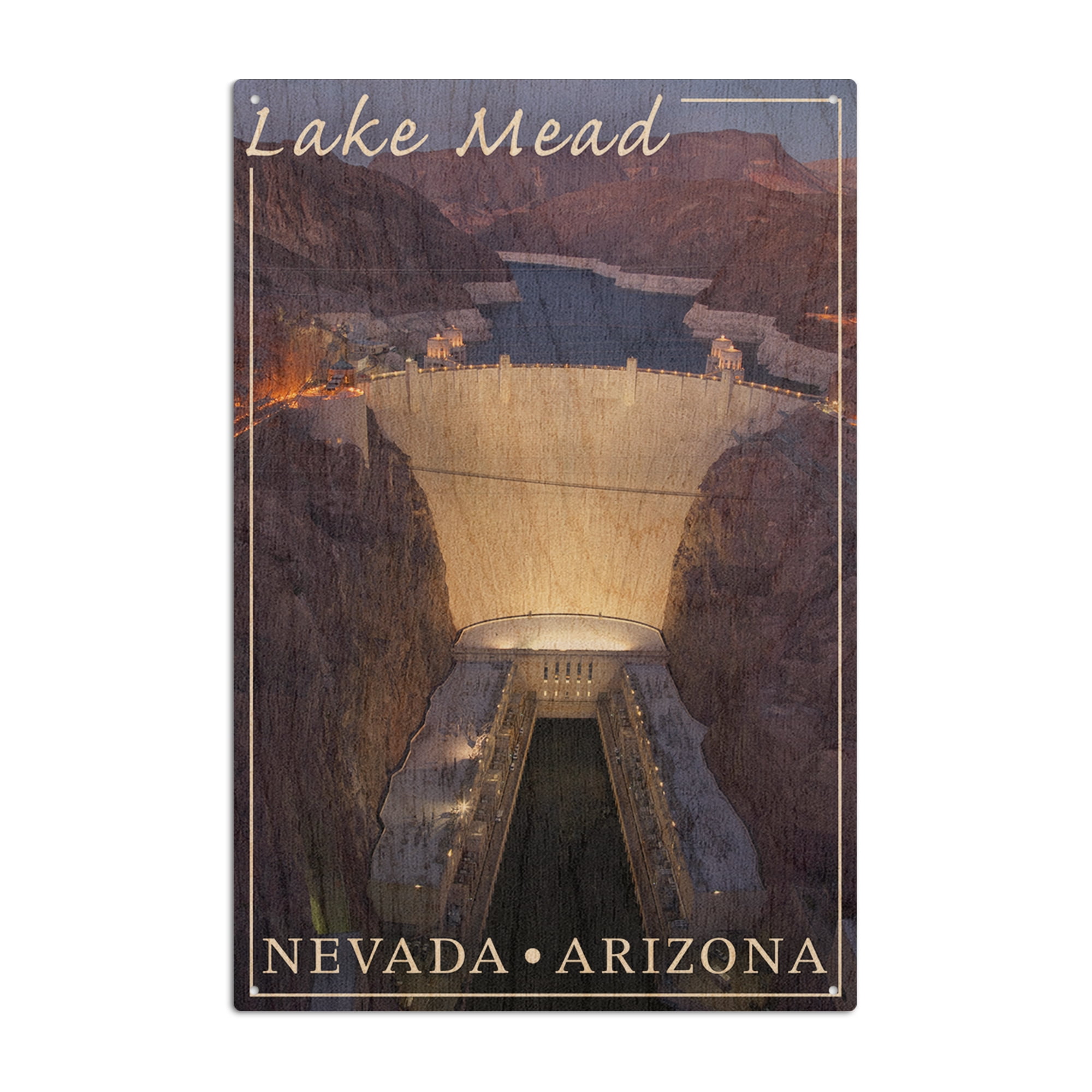 Lake Mead, Nevada, Arizona, Hoover Dam at Night Birch Wood Wall Sign ...