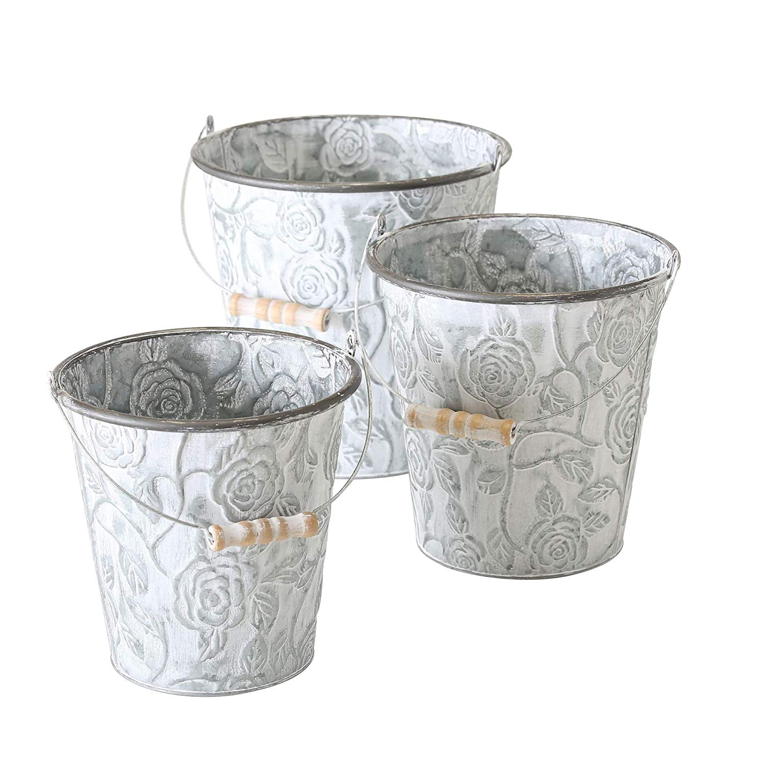 Roses Pail Planters, Set of 3, Bucket Cache Pot Jardinieres, Imprinted ...