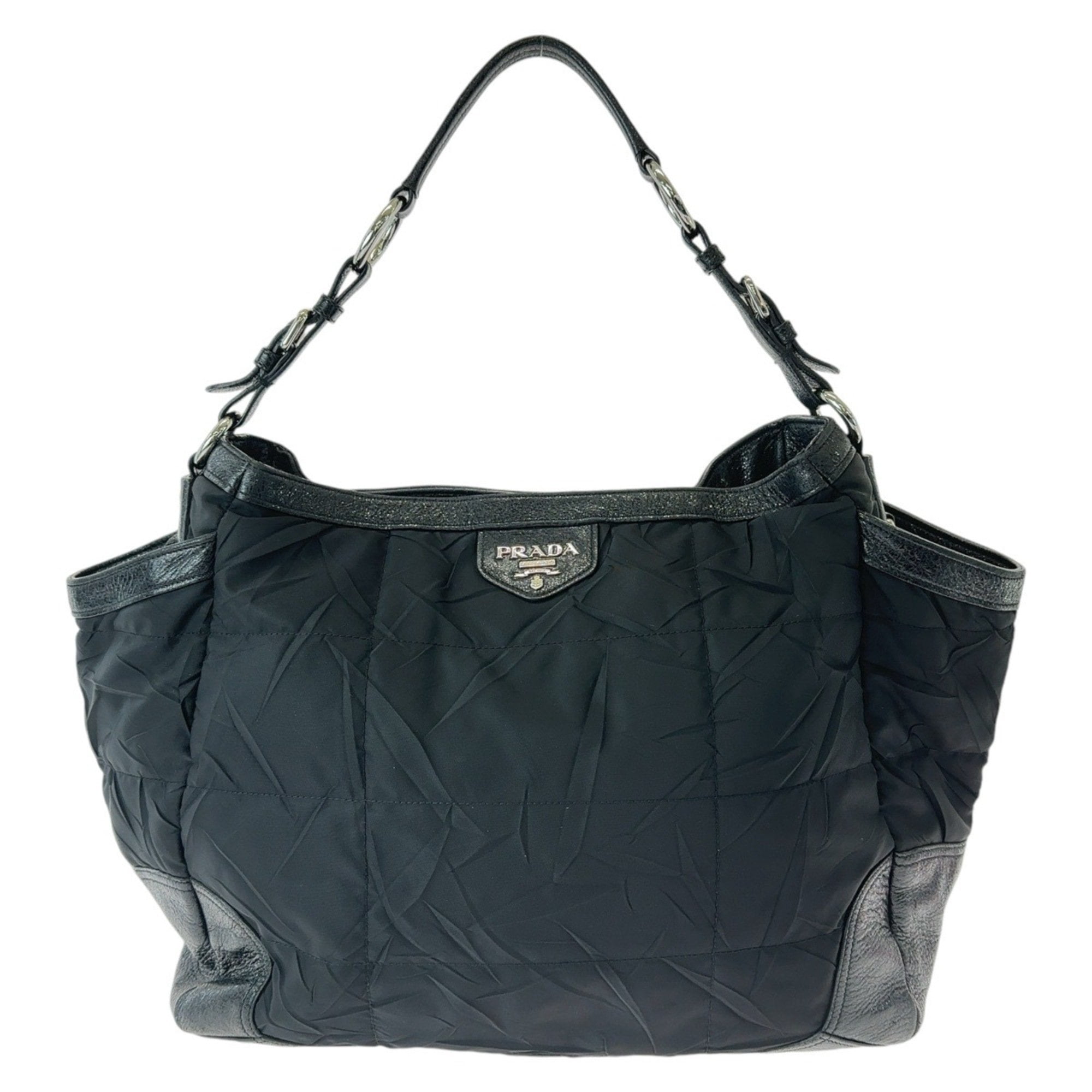 Pre-Owned PRADA Tessuto Wrinkled Triangle Logo Plate Black Silver ...