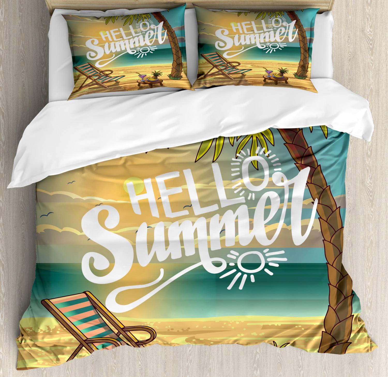 Hello Queen Size Duvet Cover Set, Seashore with Palm Tree and Chair ...
