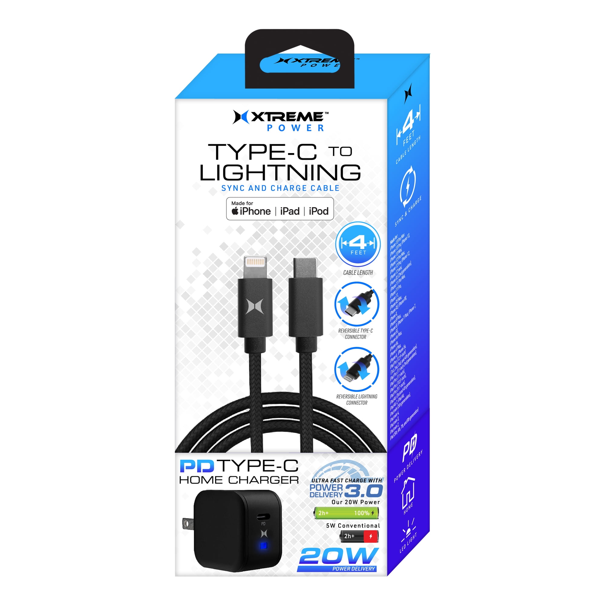 Xtreme Black Type-C 20W Home Charger and 4ft Lightning To Type-C Cable ...