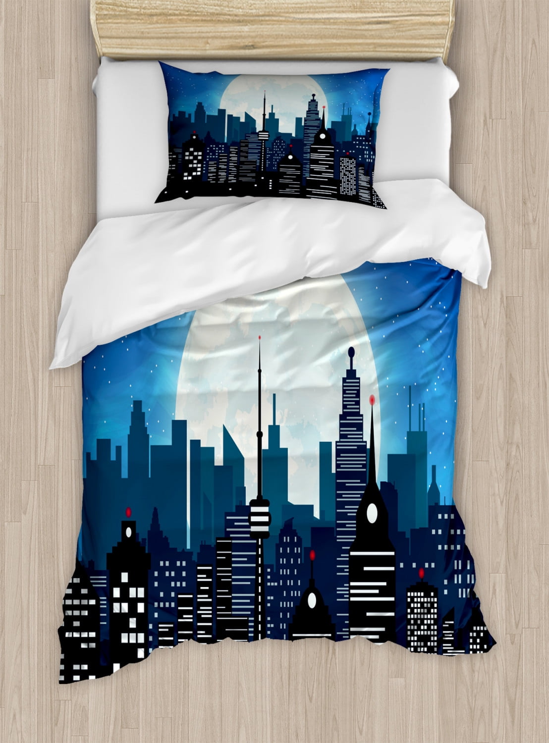 City Duvet Cover Set Twin Size, Silhouette Cityscape Under Night Sky ...