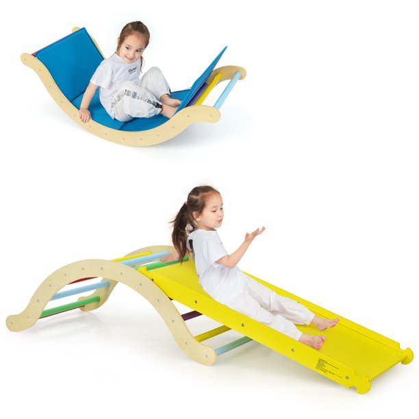 Infans 3-in-1 Kids Climber Set Wooden Arch Triangle Rocker w/ Ramp ...
