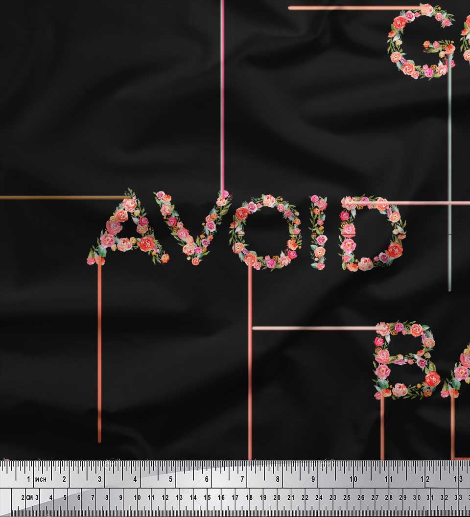 Soimoi Black Heavy Satin Fabric Floral Alphabet Text Print Sewing ...